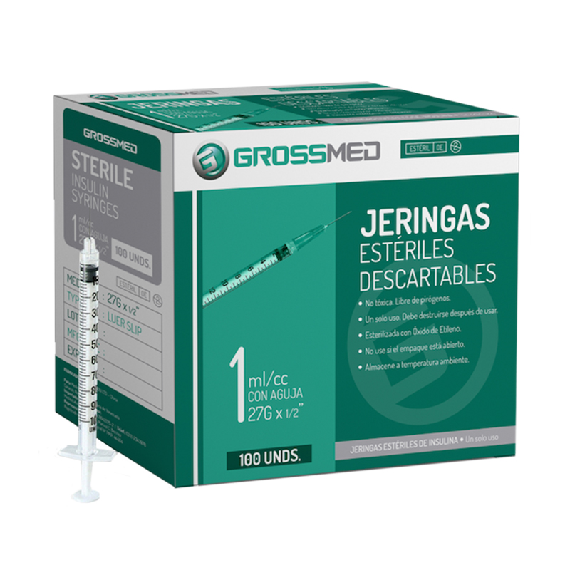 TuMaterialMédico.com | Jeringa de 1 cc con Aguja 27G x 1/2" Luer Slip GROSSMED